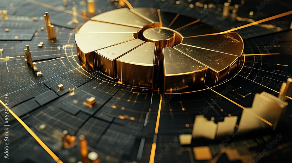 A top-down view of a 3D gold radar chart with multiple golden axes ...