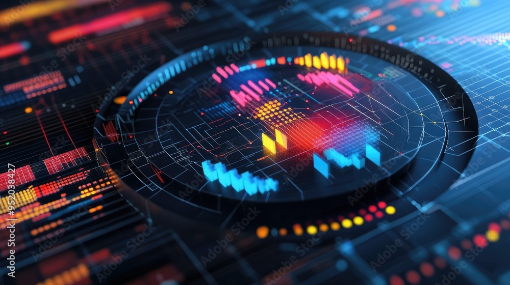 A top-down view of a 3D radar chart with multiple axes, showing ...