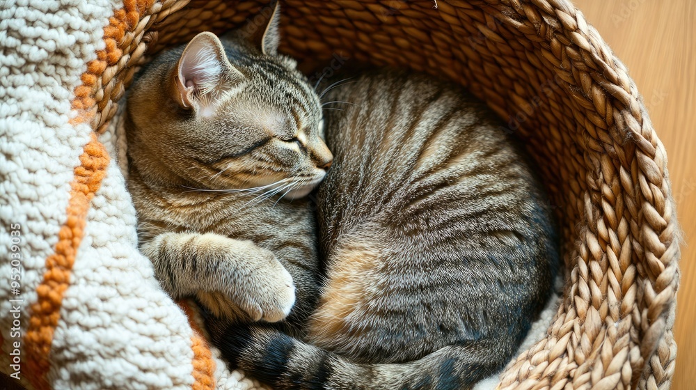 A top-down view of a chubby cat curled up in a basket with soft bedding ...