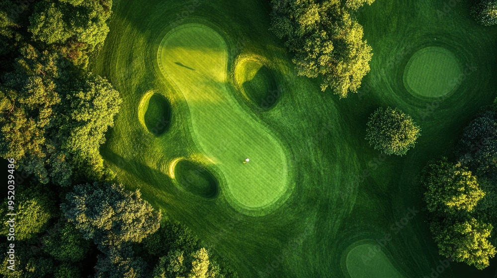 A top-down view of a golf course with various holes and hazards ...