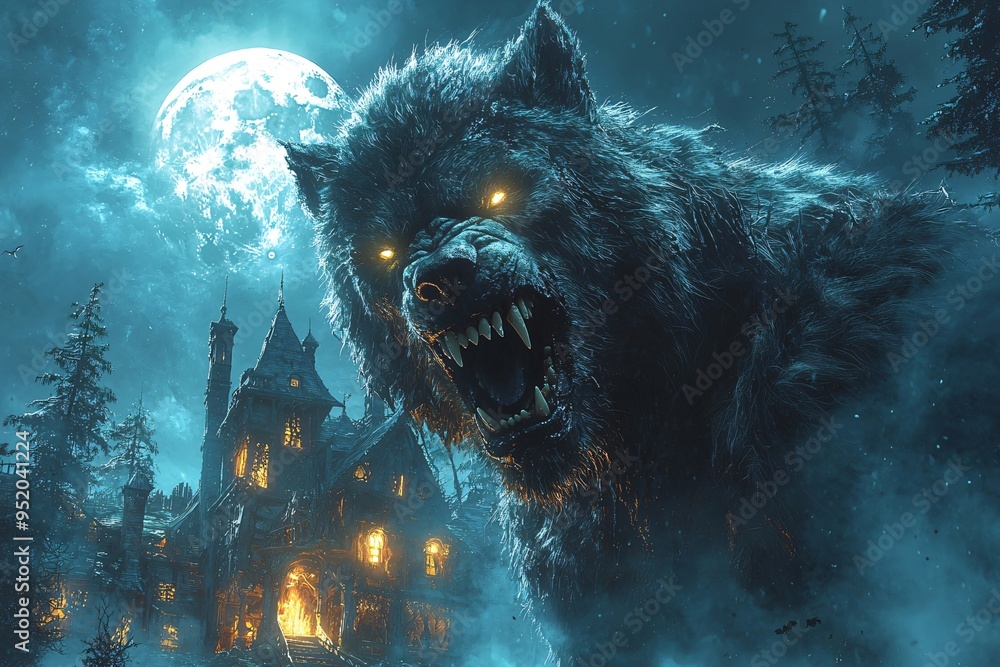 A fearsome werewolf growls under a full moon, set in a foggy forest ...