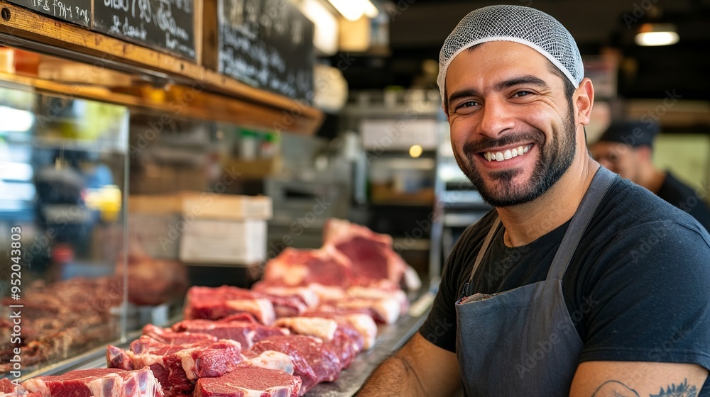 Smiling portrait of butcher wearing hair net behind counter of meat ...