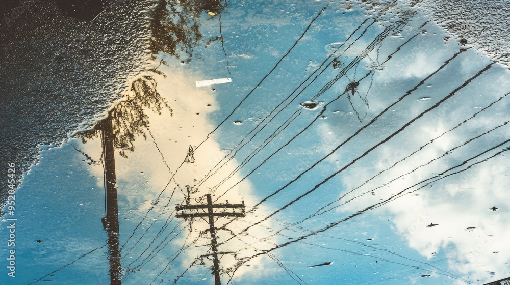 Power lines reflected in a puddle after rain, with the wires and poles ...