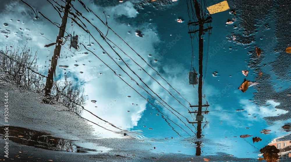 Power lines reflected in a puddle after rain, with the wires and poles ...