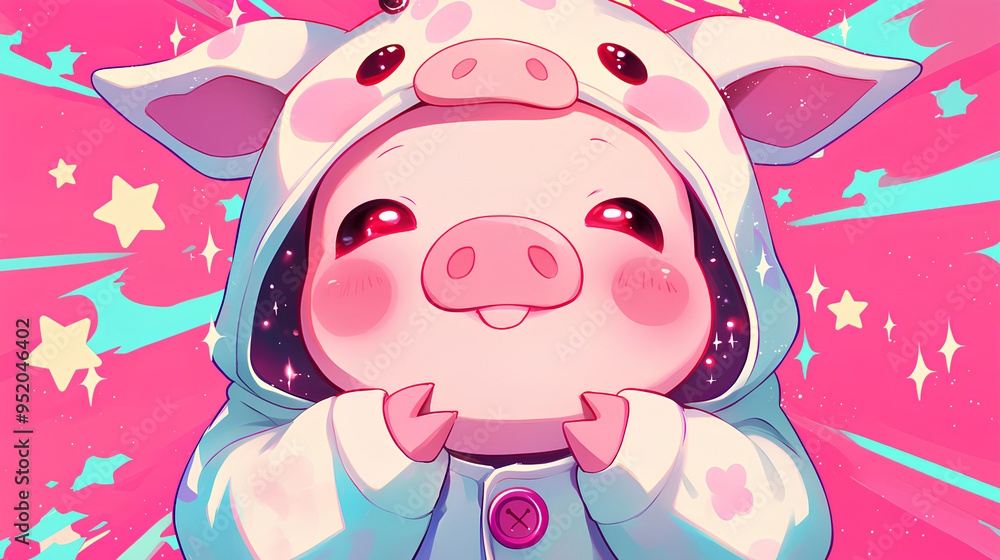 cute pig character wearing anime onesie costume, anime style, cute ...