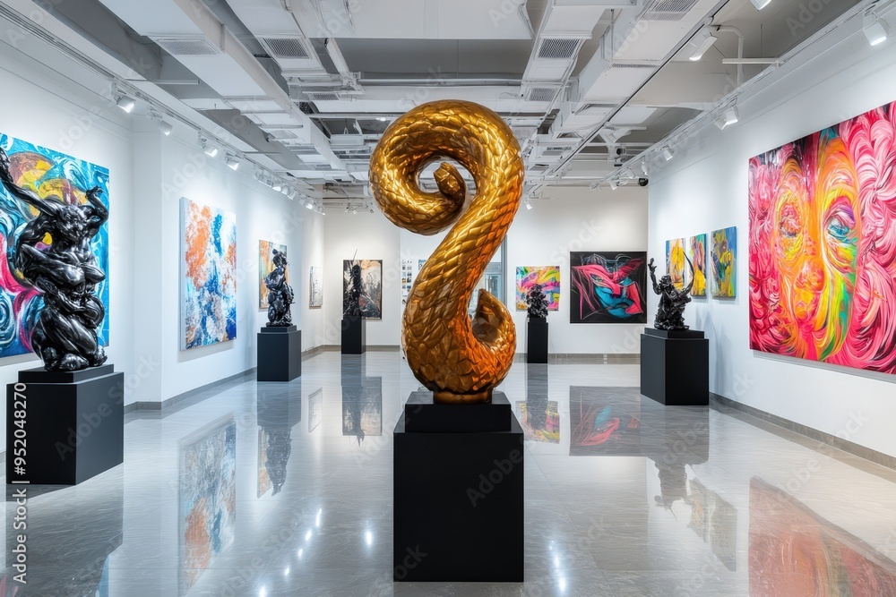 A modern art gallery with a striking golden sculpture as the ...