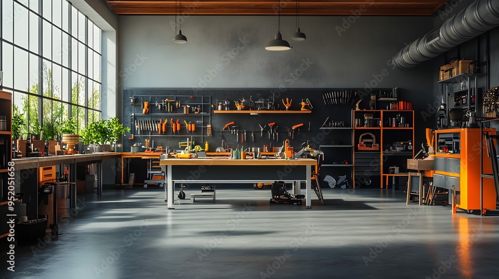 A modern loft-style workroom with concrete floors, high ceilings, and a ...