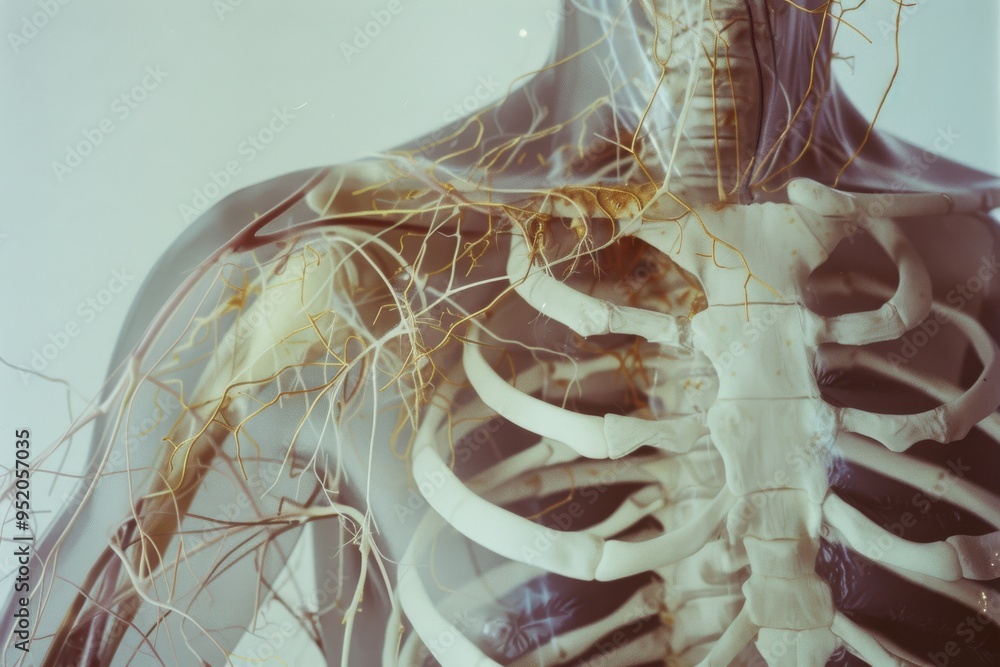 A detailed anatomical model showing the human rib cage and intricate ...