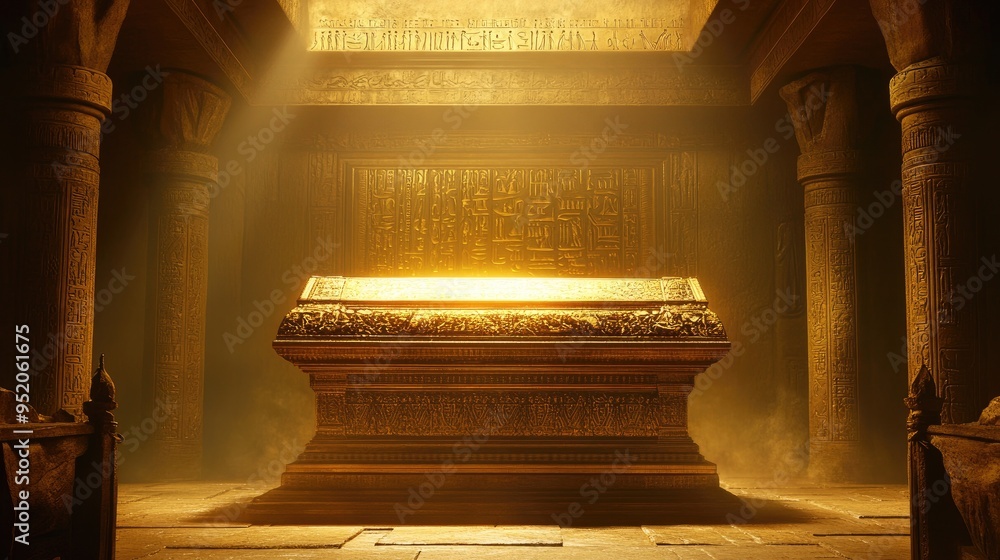 A depiction of the Ark of the Covenant, golden and majestic, sitting in ...