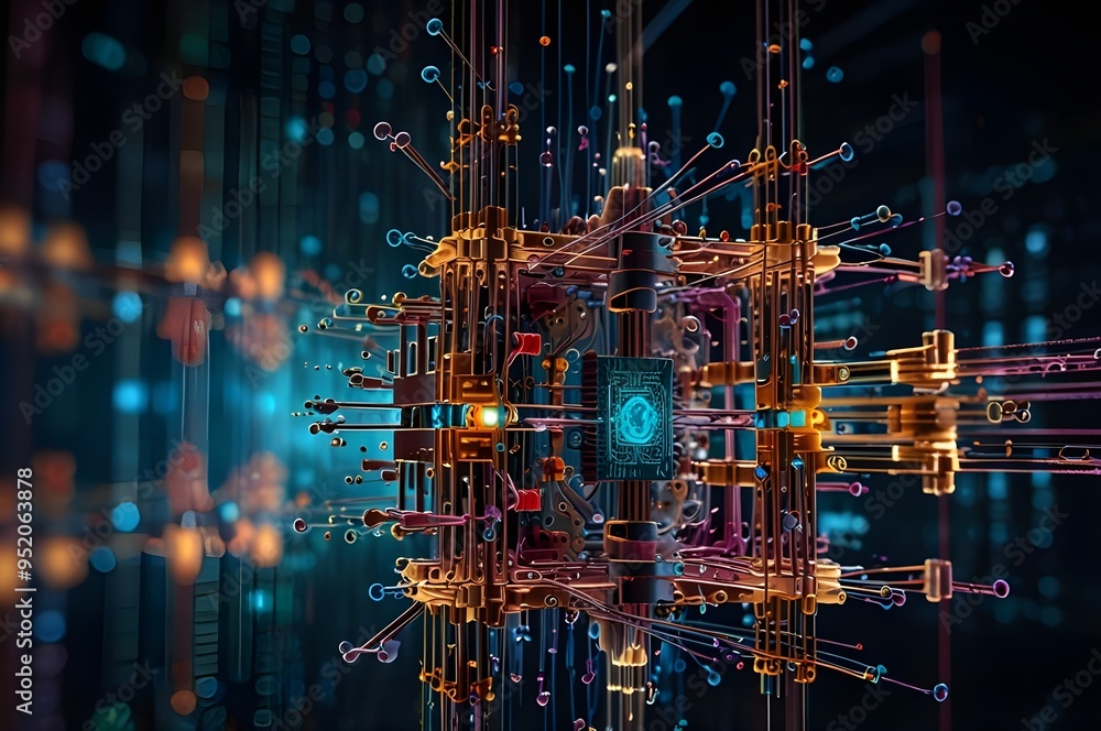 An abstract digital visualization of quantum bits and entangled ...