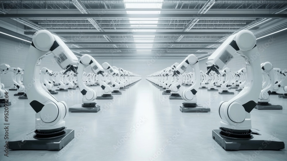 A futuristic smart factory where robotic systems and AI algorithms ...
