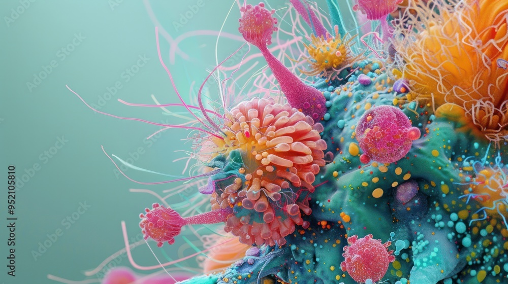 An abstract representation of a cancer cell, using vibrant colors and ...