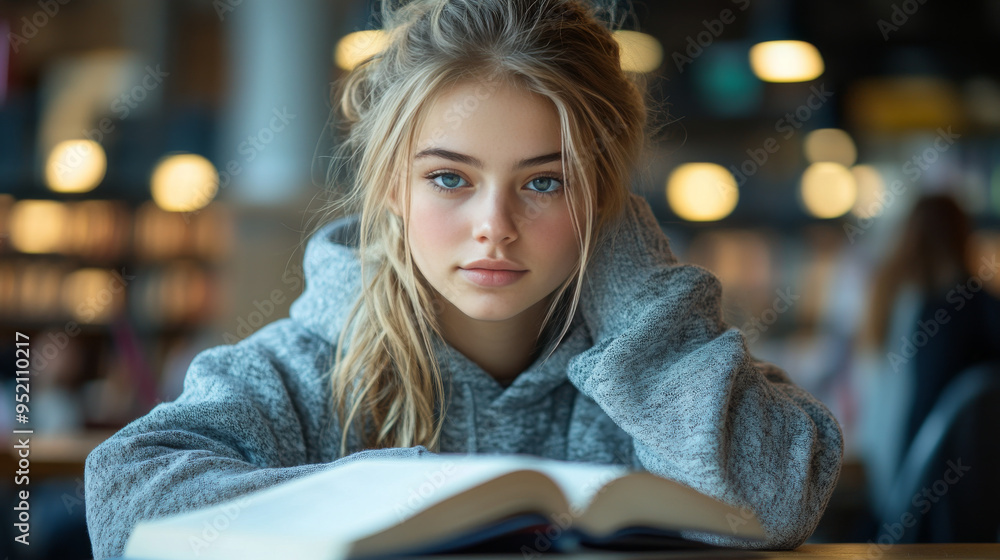 Student studying in library – A young woman studying intently at a table in a quiet library ...