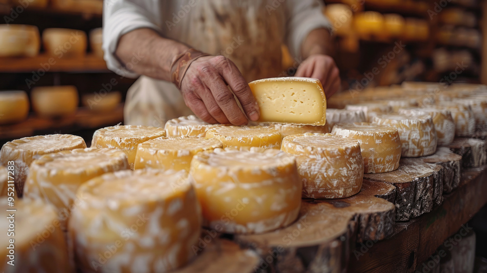 The hands of a male cheesemaker hold a fresh wheel of cheese. Cheese ...