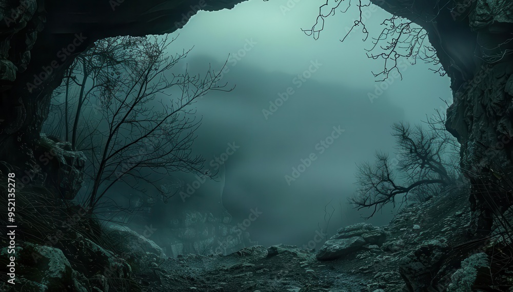 Mystical cave entrance with a foggy, eerie landscape view featuring ...