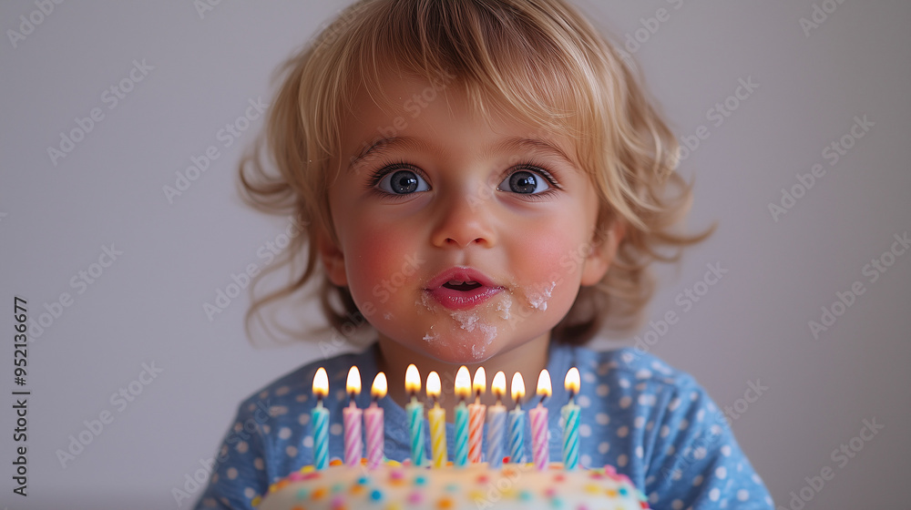 Little boy blowing on the candles in front of him on his birthday cake ...