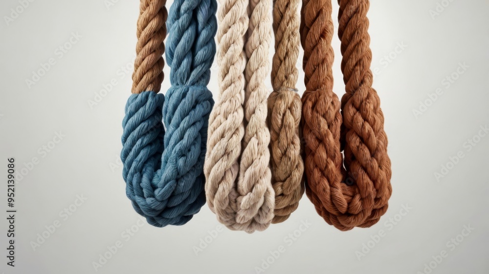 Colorful braided ropes in variety textures and shades hanging together ...