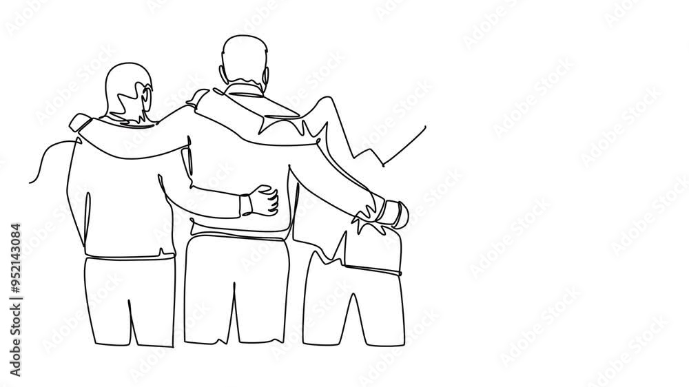 Animated self drawing of continuous line draw back view of group men ...