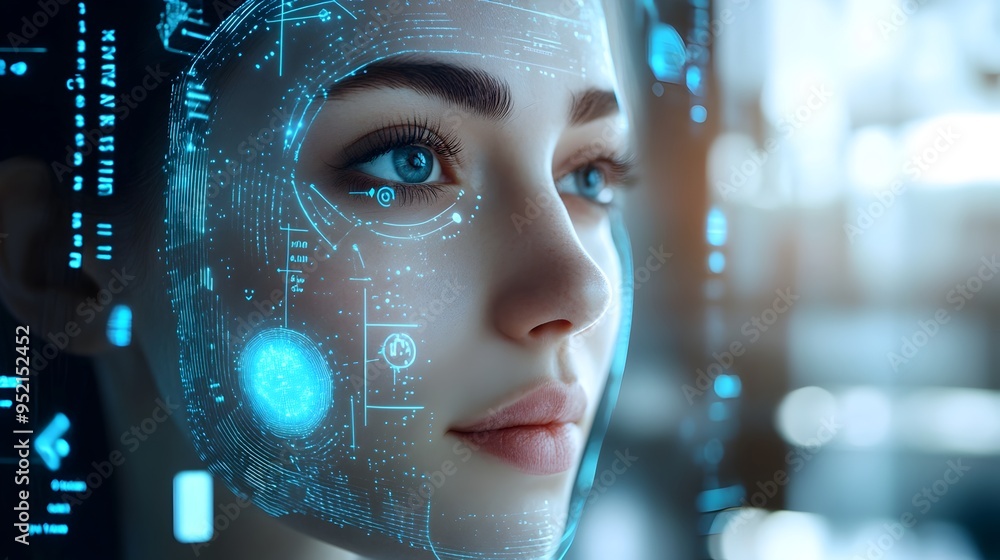 Digital skin analysis tool displaying futuristic graphics and data ...