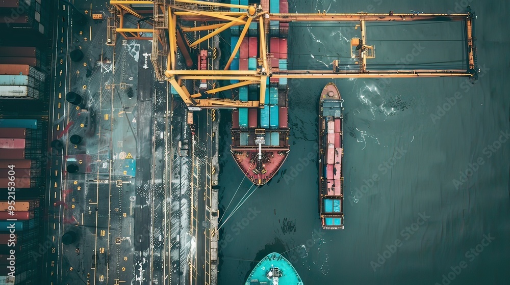 "Container ship unloading at the harbor with dock workers and equipment ...
