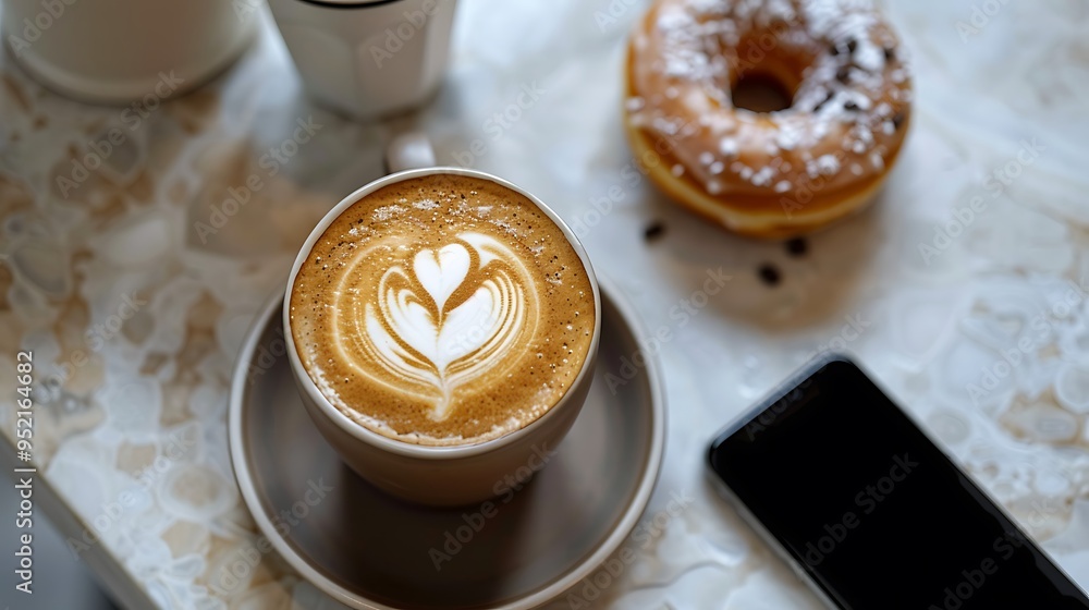 Flat lay of a trendy cafe scene featuring an iced coffee a donut and a ...
