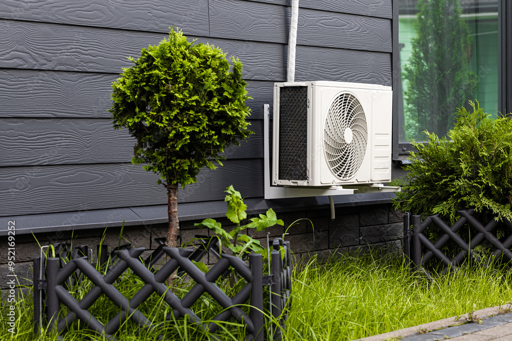 external air conditioner unit mounted on the wall of the house. outdoor ...