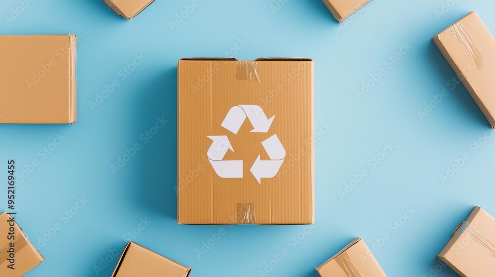 Eco-friendly cardboard box with a recycling symbol on a blue background, emphasizing ...