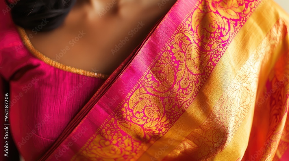 The elegance of an Indian sari is captured in detail, with its rich ...
