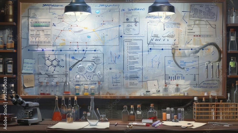 Biotech Researcher's Wall: Featuring genetic diagrams, lab equipment ...