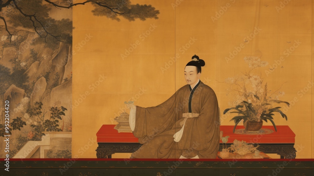 Watercolor painting, of a Chinese nobleman, wearing ancient Chinese ...