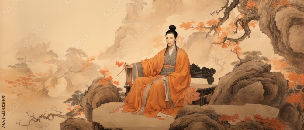 Watercolor painting, of a Chinese nobleman, wearing ancient Chinese ...