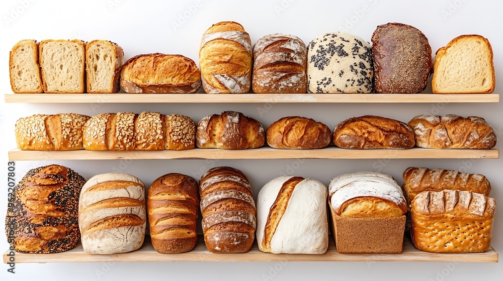 Different types of artisan craft bread in bakery store shelves on white ...