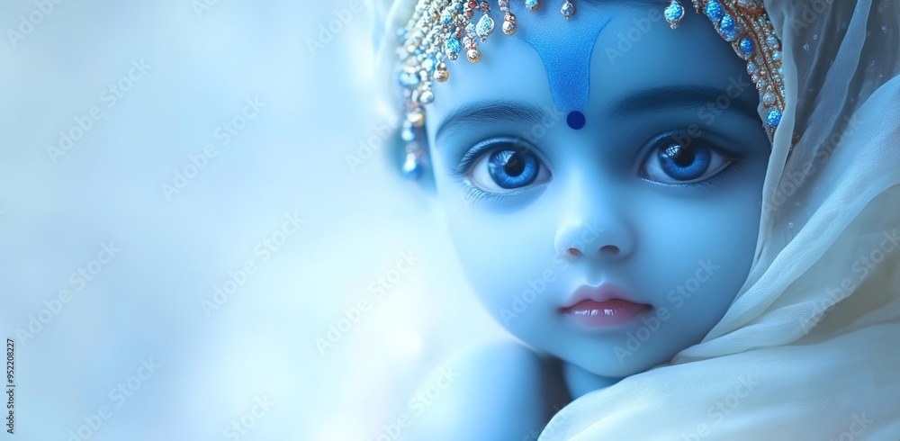 Cute little baby Krishna with blue skin on light background. Birthday ...