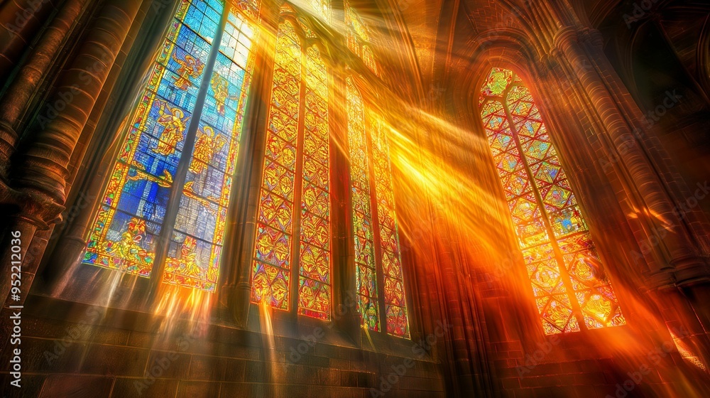 Image of sunlight streaming through the stained glass window of a ...