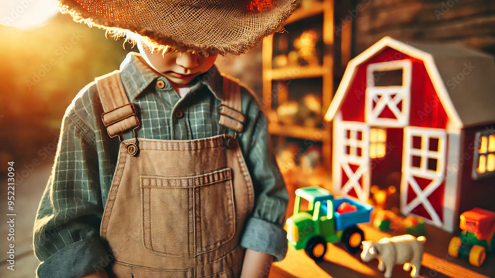 child dressed in a farmer’s outfit, focusing on the overalls and straw ...