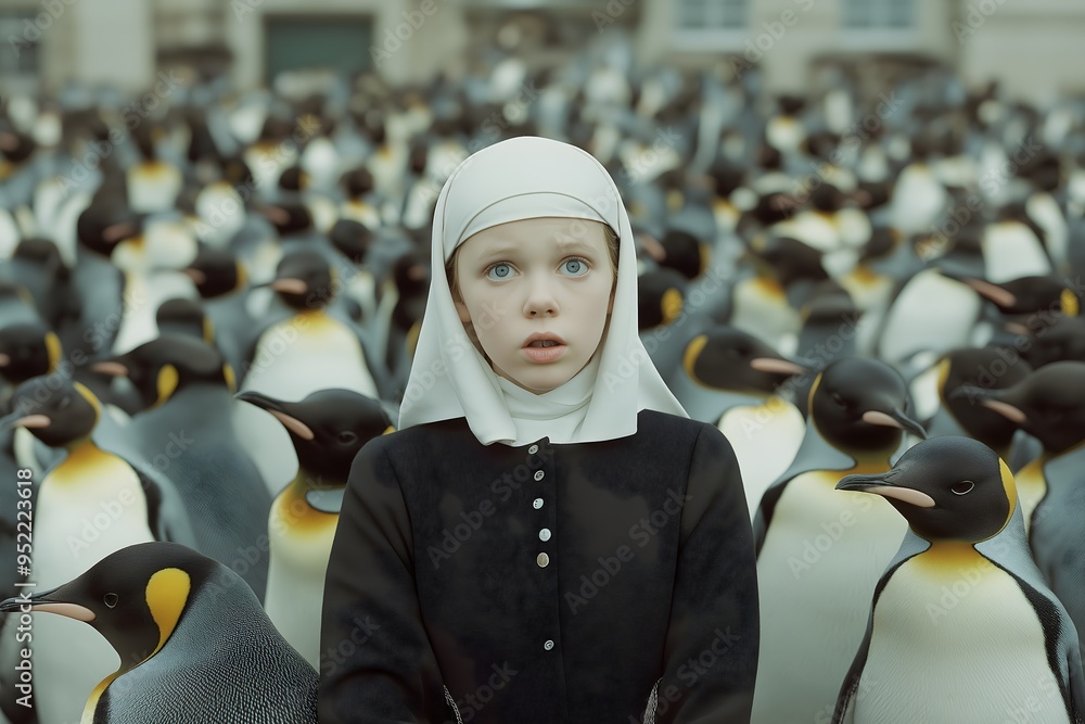 Funny catholic nun in penguin zoo enclosure looking shocked. Blending ...
