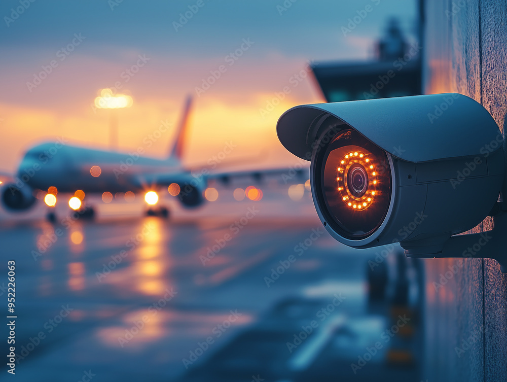 A surveillance camera is mounted on a wall, monitoring airport ...