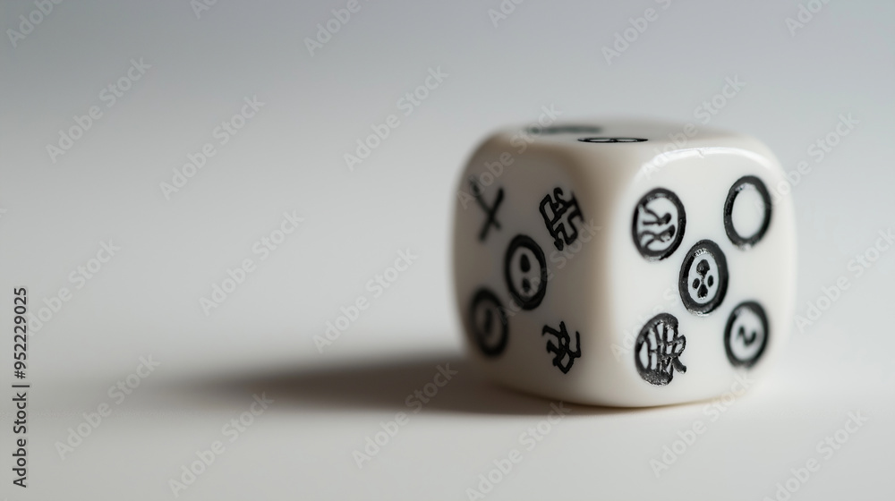 A single dice with faces showing unique symbols instead of numbers ...