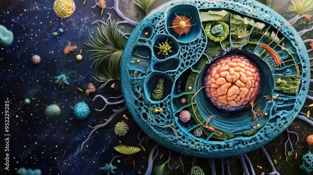 Detailed cross-section of a plant cell, with labels for the nucleus ...