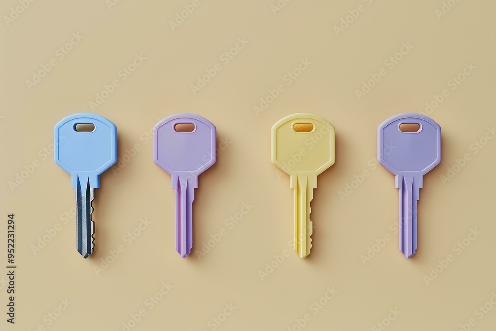 flat lay of colorful keys on a beige background, minimal concept, flat ...