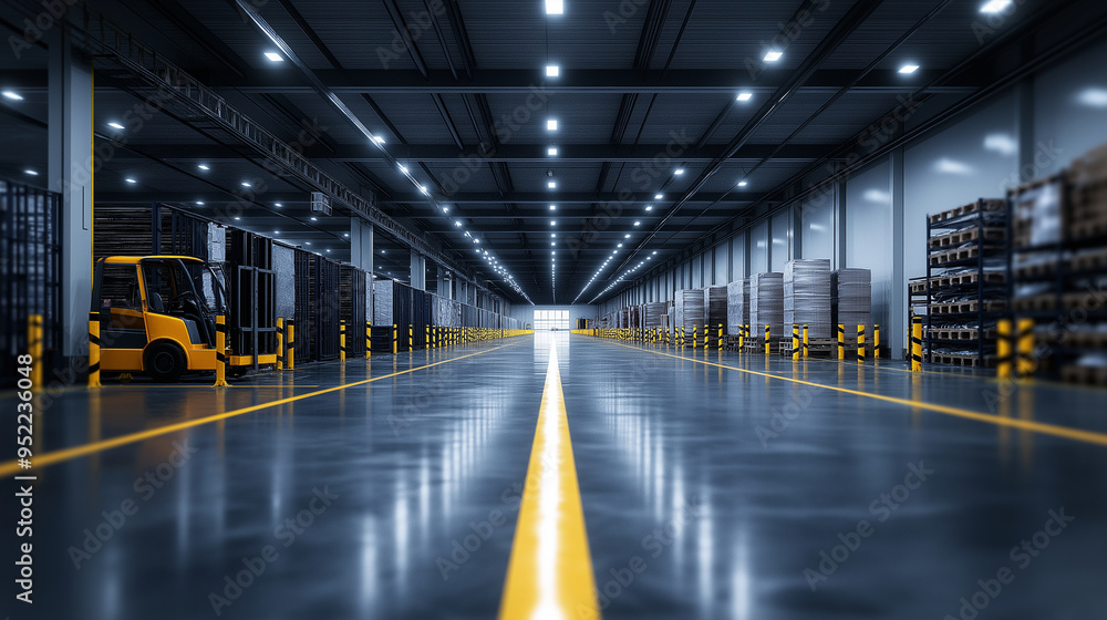 A warehouse with a focus on workplace safety, featuring clear signage ...