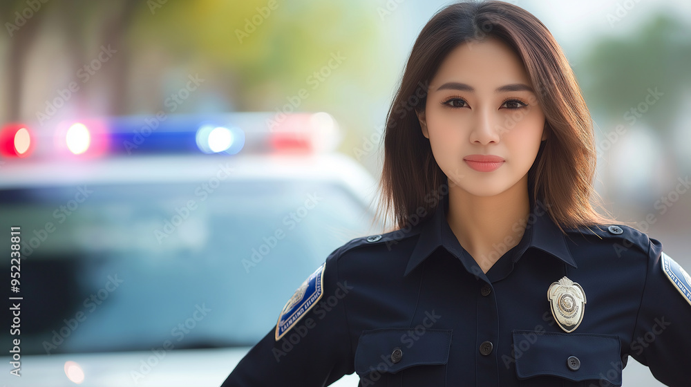 A young Asian woman in a police uniform, with a serious expression and ...