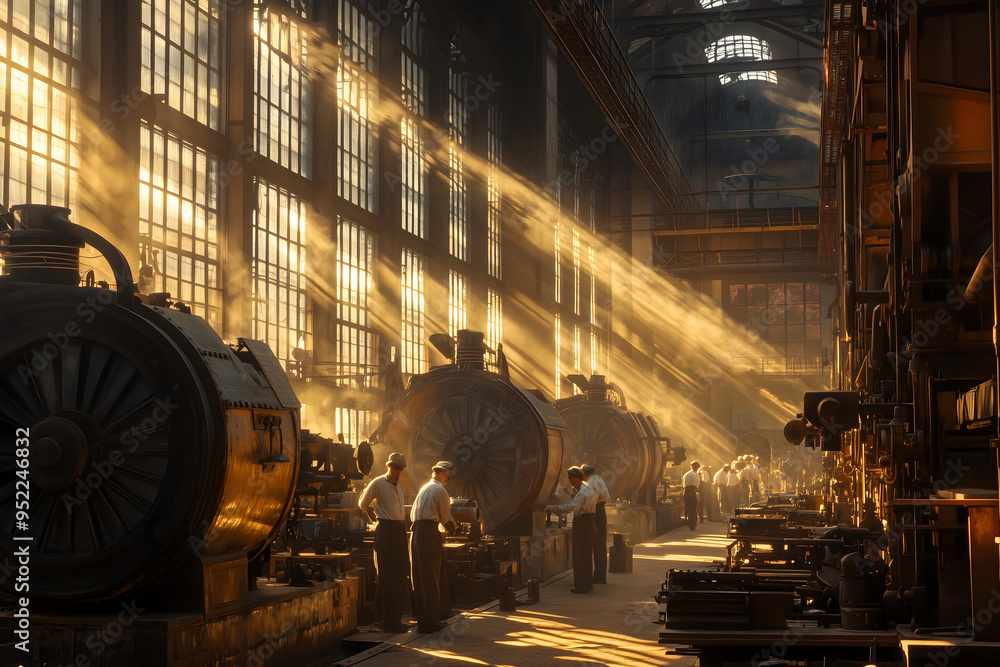 vintage factory bathed in golden sunlight, with large industrial ...
