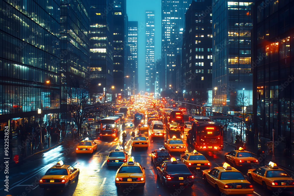 busy city street at night, filled with taxis and buses. The wet ...