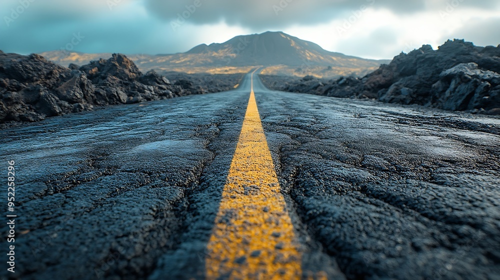 An atmospheric asphalt road among volcanic black basalt lava formations ...