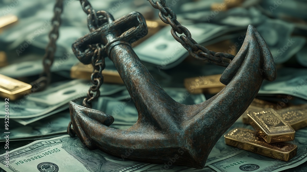 Anchor Resting on Piles of Cash and Gold Bars, Symbolizing Financial ...