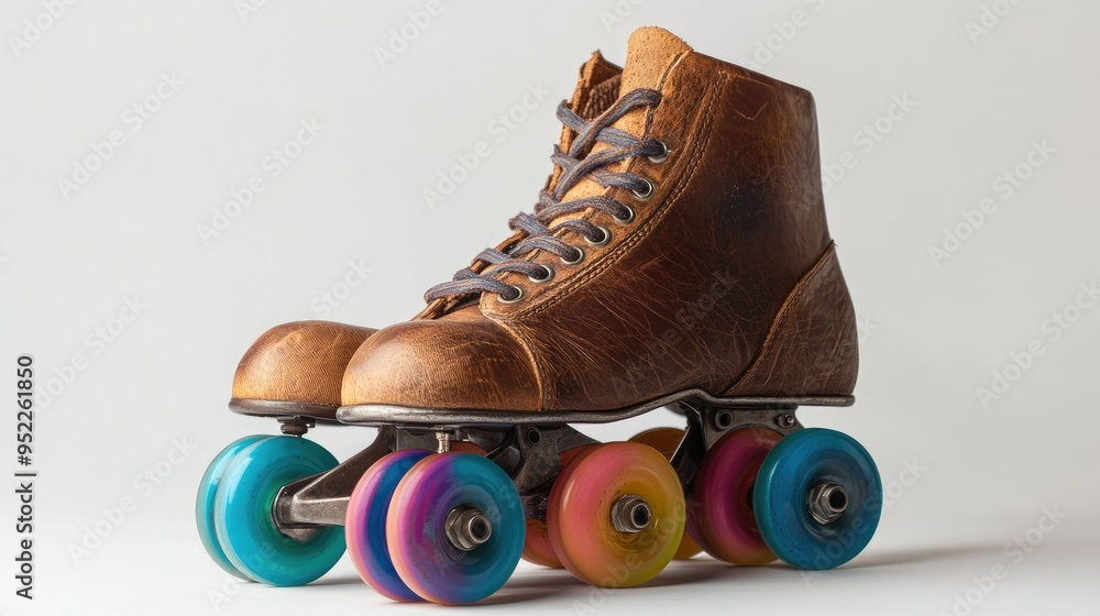 Vintage-style roller skates with a leather finish and vibrant wheels ...