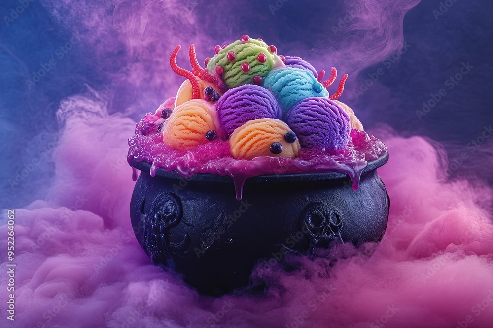 Halloween ice cream in a black cauldron bowl with colorful scoops ...