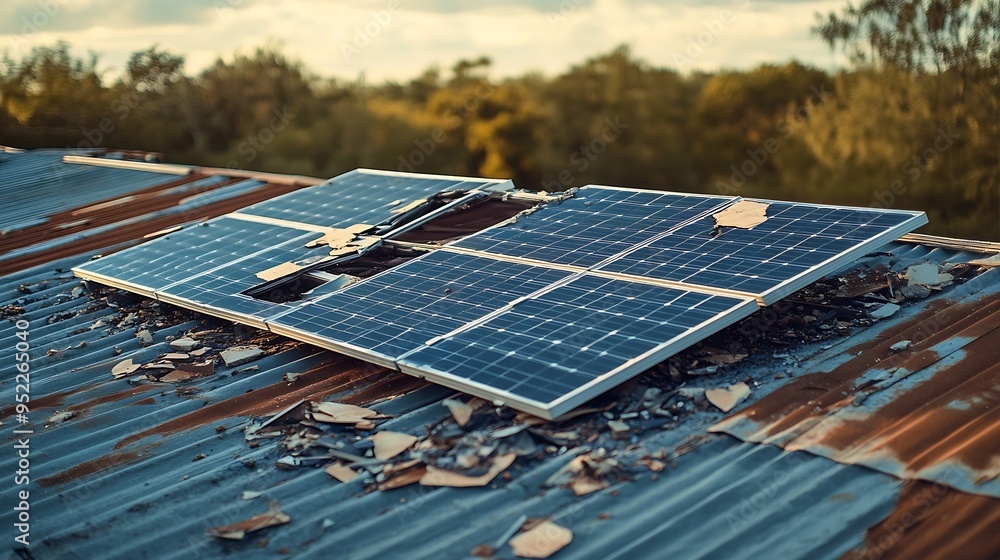 Destroyed by hurricane winds broken down photovoltaic solar panels ...