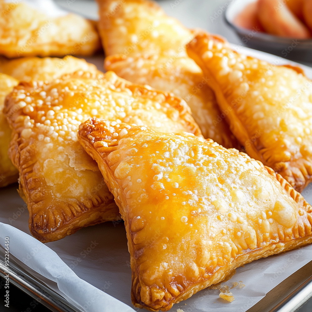 Pastel frito em uma bandeja, pastel no Brasil. Lanche brasileiro ...